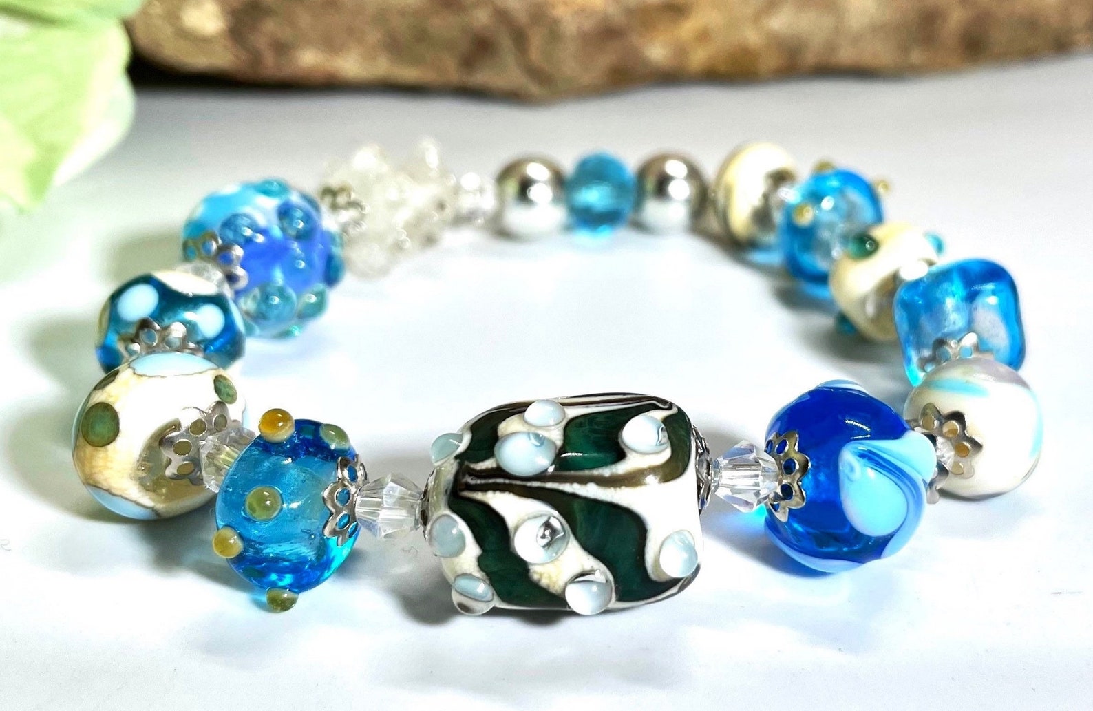 Boho Glass Bead Bracelet in Ivory and Aqua Made by Emily at Emzglass ...