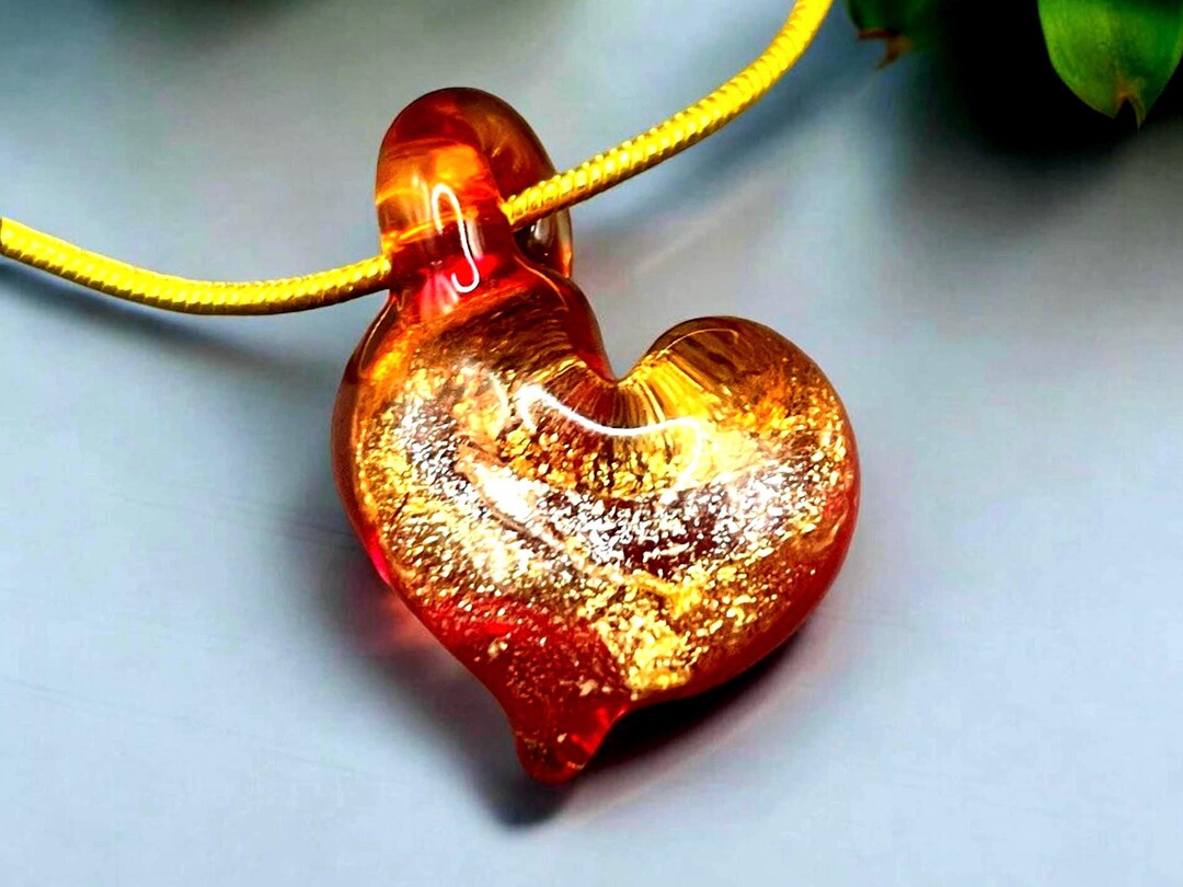Iridescent Glass Heart Pendant - Gold Opal Luster Bubble Blown Italian ...