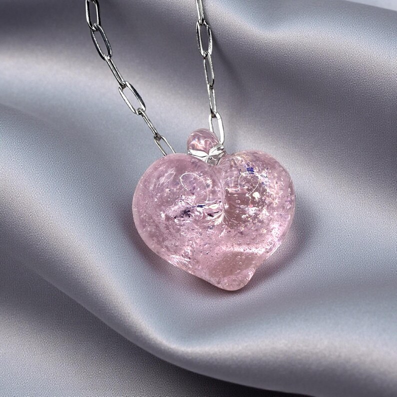 Pink Opal Luster Glass Heart Pendant Necklace Hand Blown Artisan ...