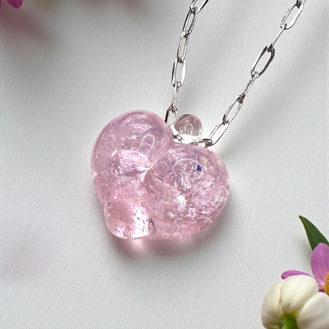 Pink Opal Luster Glass Heart Pendant Necklace Hand Blown Artisan ...