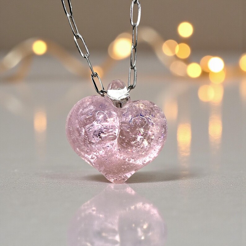 Pink Opal Luster Glass Heart Pendant Necklace Hand Blown Artisan ...