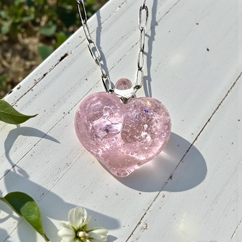 Pink Opal Luster Glass Heart Pendant Necklace Hand Blown Artisan ...