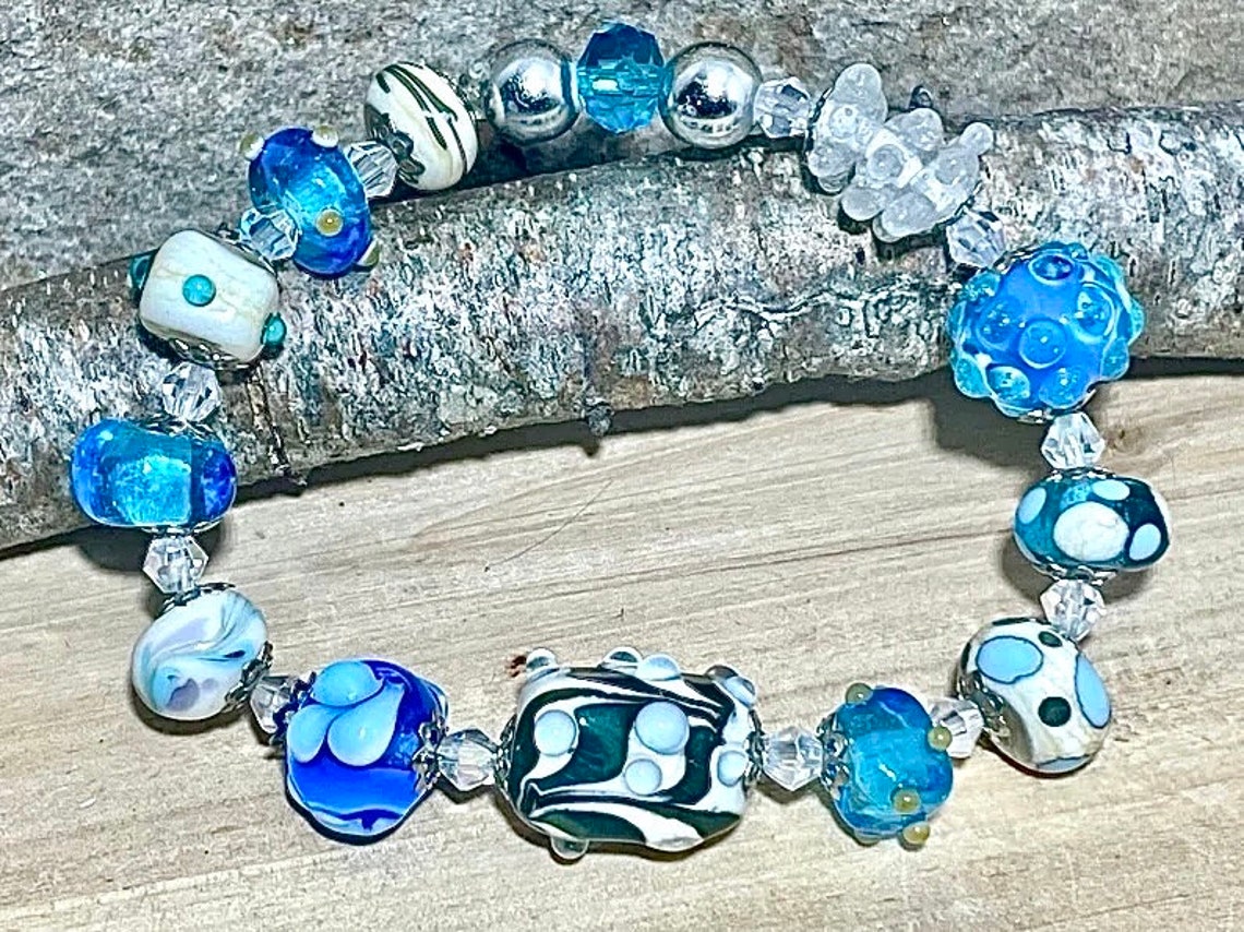 Boho Glass Bead Bracelet in Ivory and Aqua Made by Emily at Emzglass ...