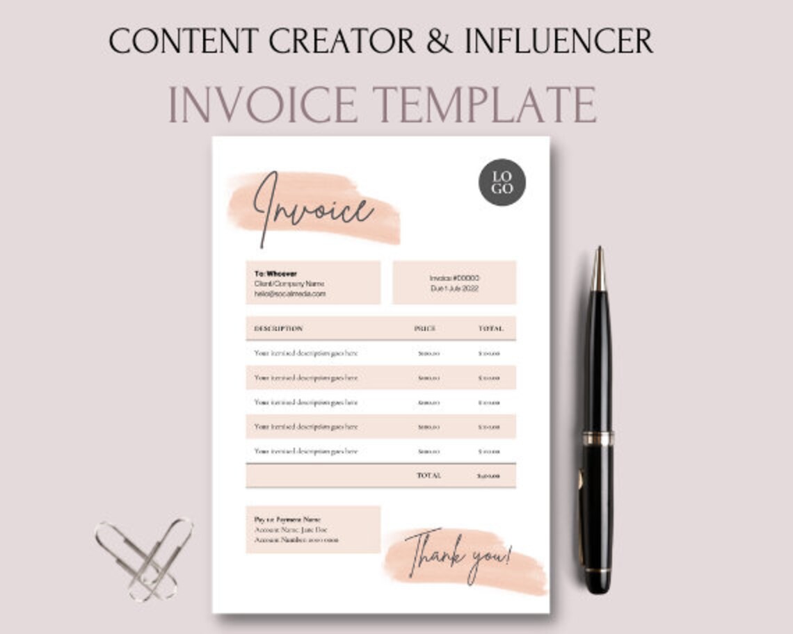 Invoice Template for Social Media Influencer Invoice - Etsy