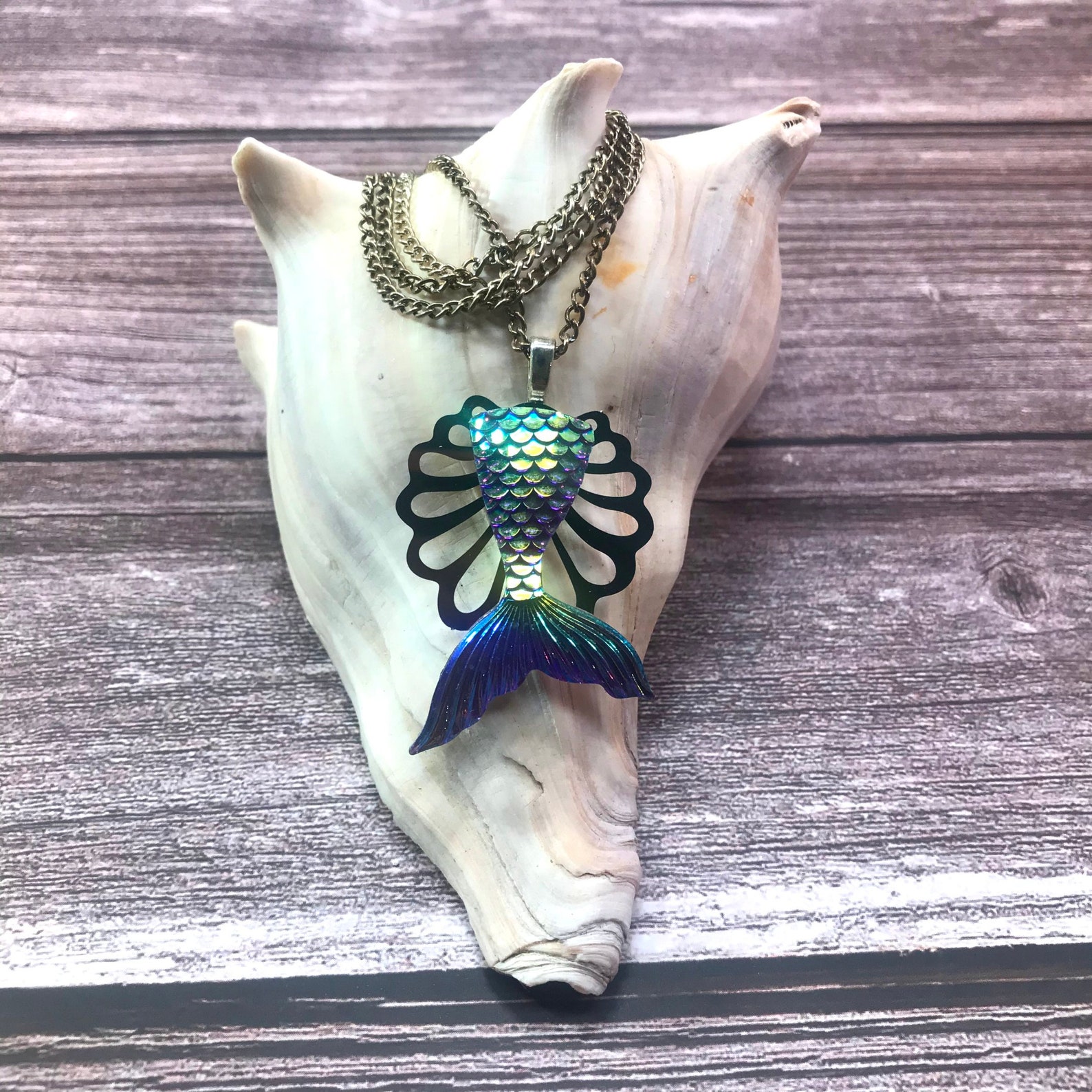 Iridescent Mermaid Tail With Silver Tone Shell Necklace - Etsy