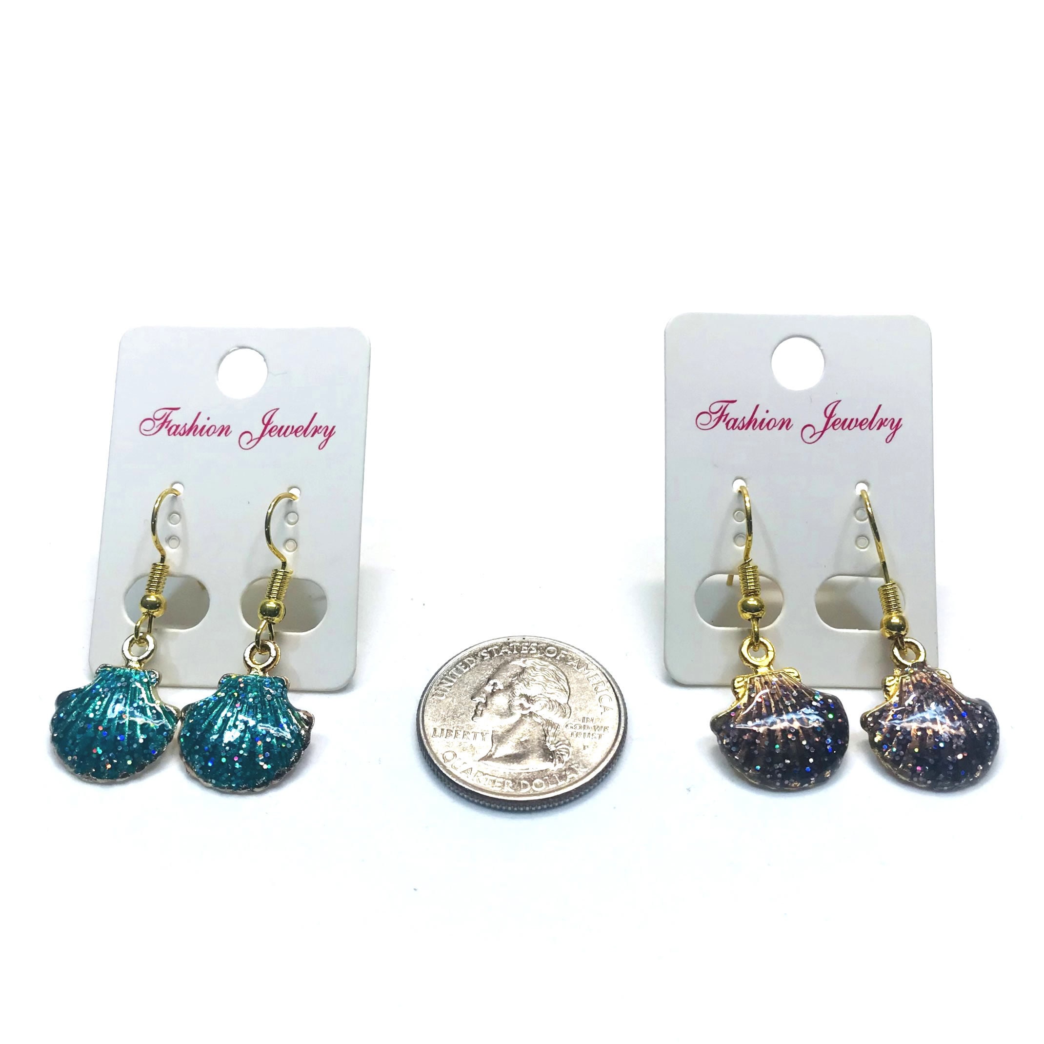 Gold Tone Glitter Enamel Shell Earrings in Aqua or Purple - Etsy UK