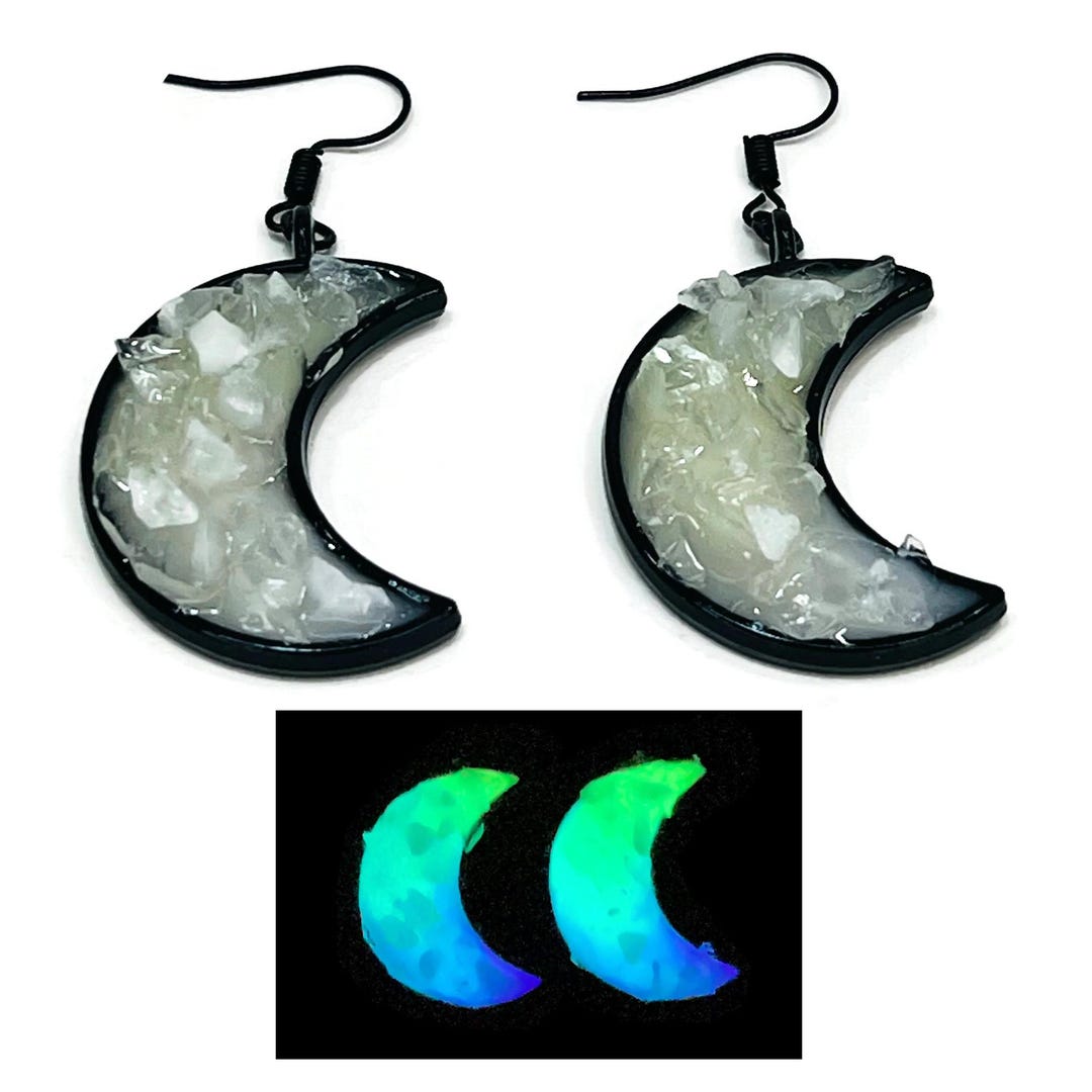 Crushed Quartz Gemstone Glow in the Dark Crescent Moon Earrings - Etsy
