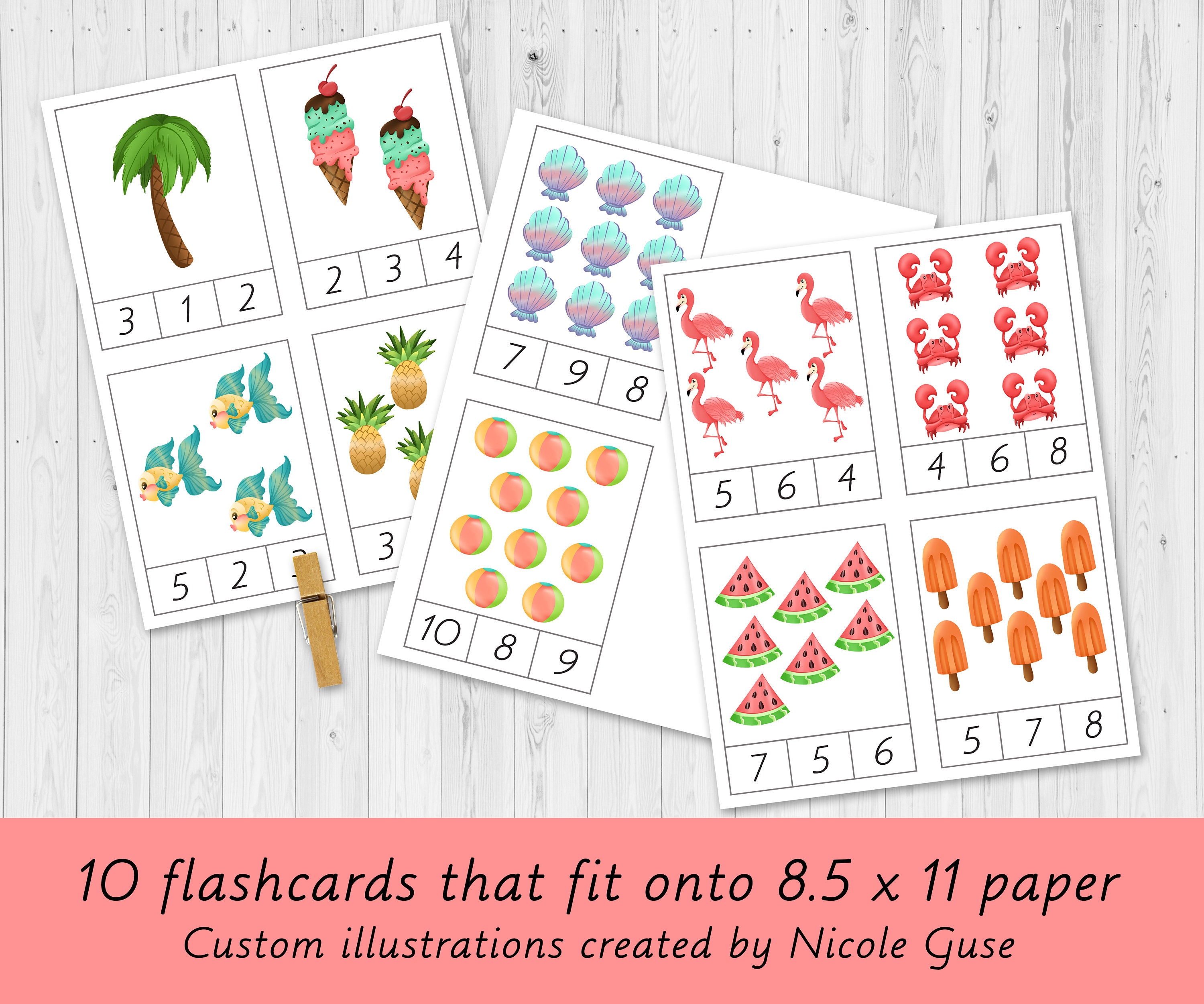 Summer Numbers 1-10 Count and Clip Flash Cards, Learn to Count Activity ...