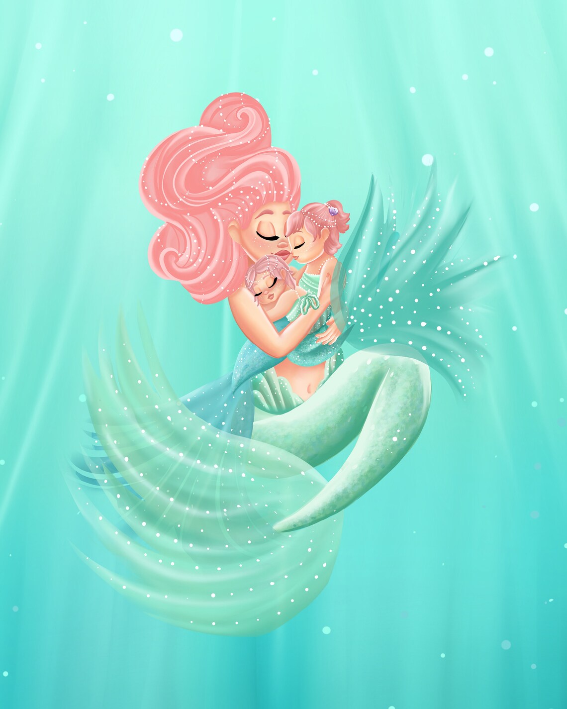 Mermaid Mom and Baby Art Print, Blue Nursery Decor (digital Download ...