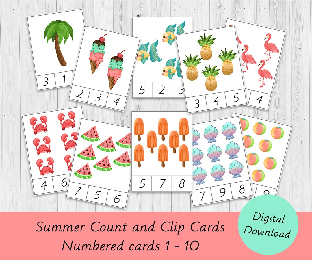 Summer Numbers 1-10 Count and Clip Flash Cards, Learn to Count Activity ...
