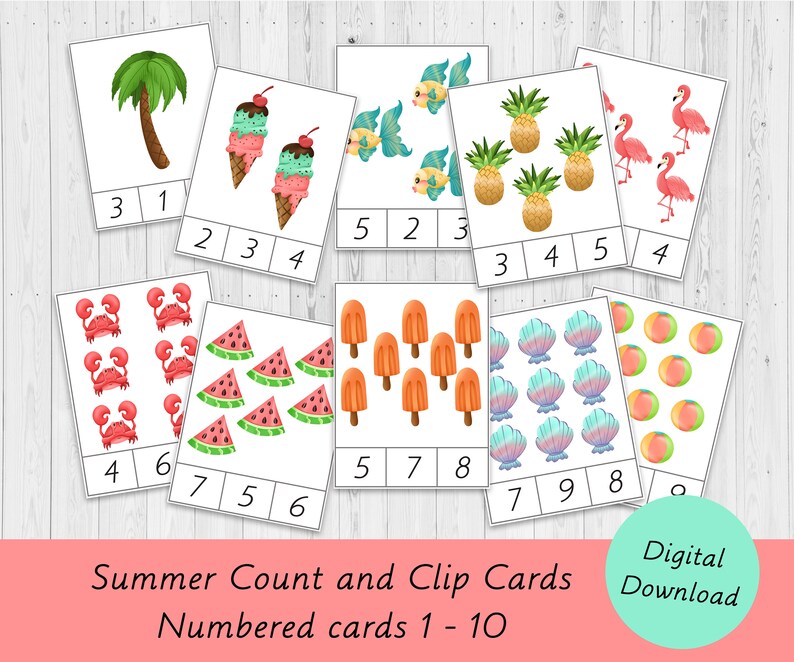 Summer Numbers 1-10 Count and Clip Flash Cards, Learn to Count Activity ...