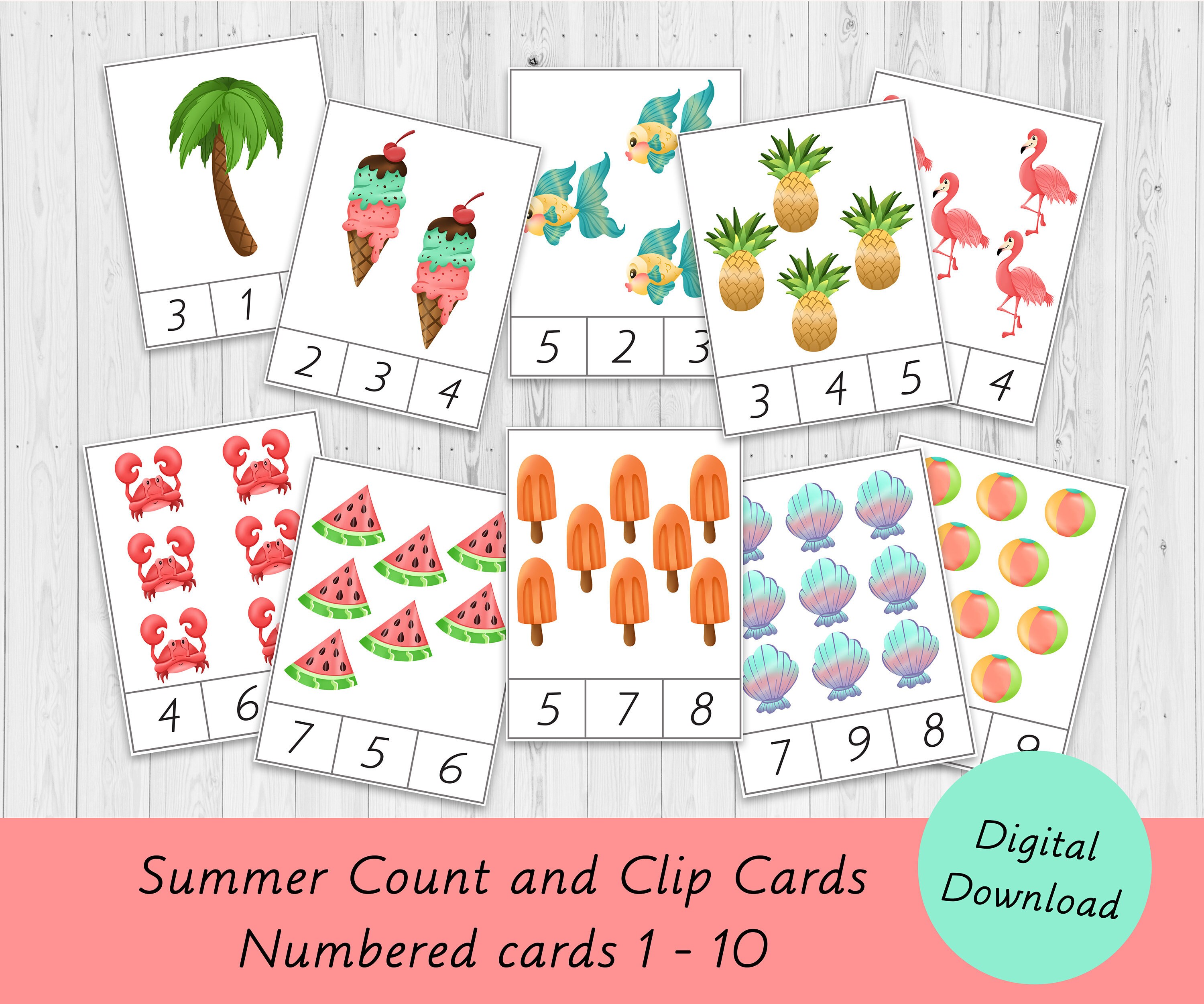 Summer Numbers 1-10 Count and Clip Flash Cards, Learn to Count Activity ...
