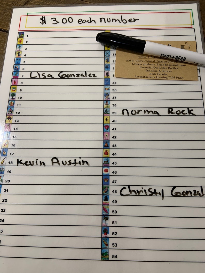 Laminated Loteria Raffle Note Sheet Bingo Chalupa Numbers and | Etsy