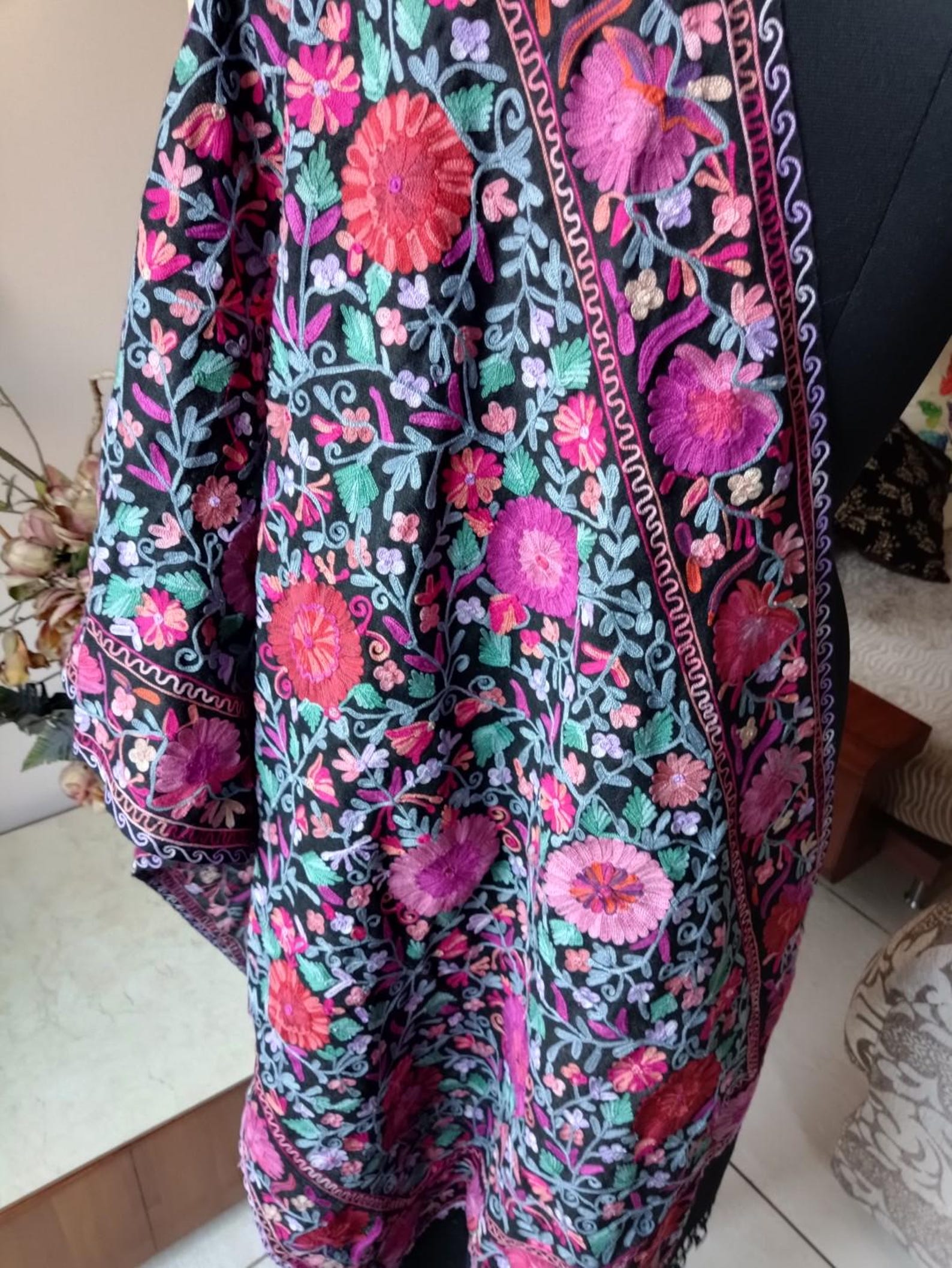 Black Shawl. Master Craftsman Creation Multicolor Vibrant Floral Hand ...