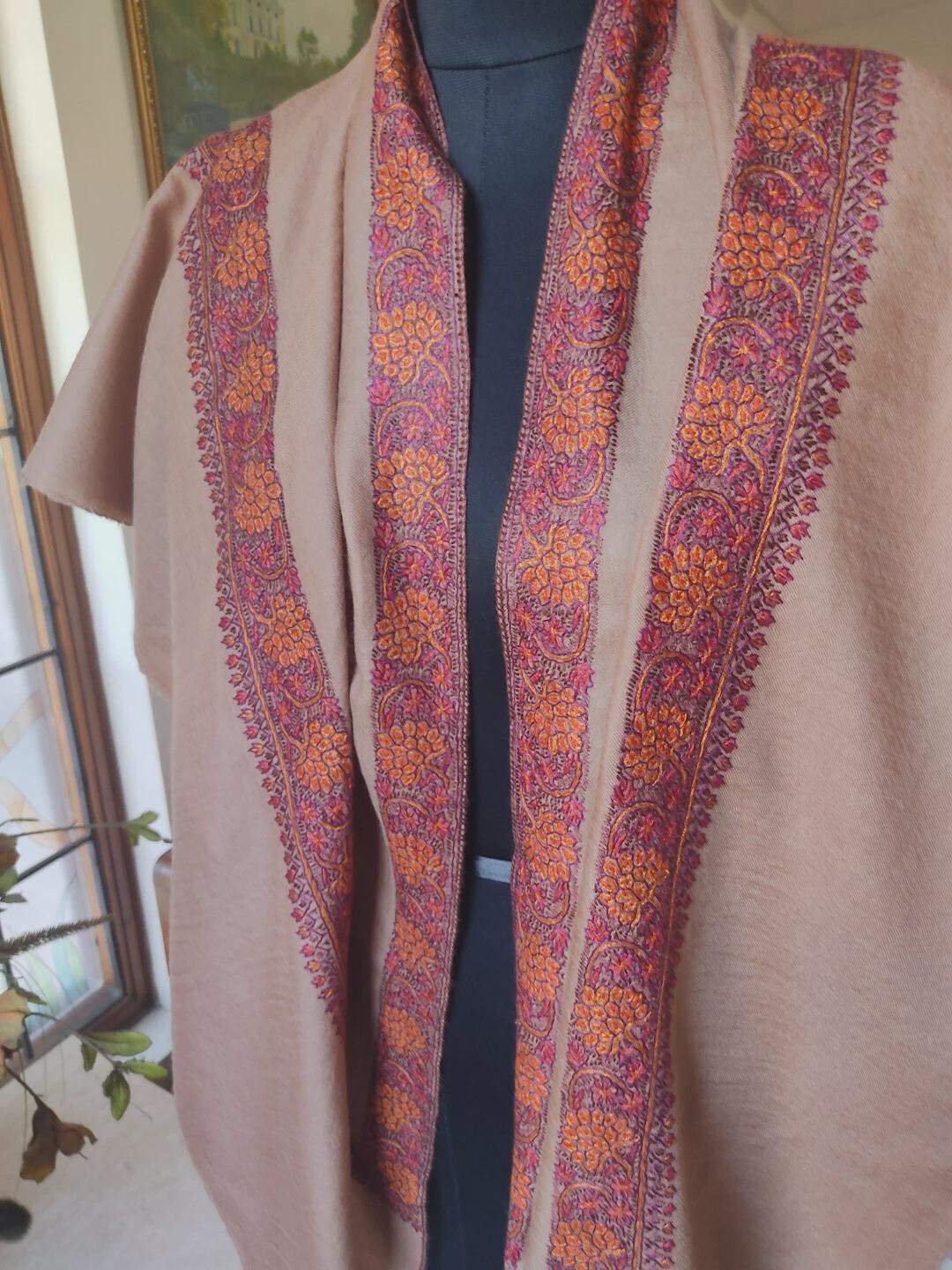 Camel Colour Sozni Embroidered Shawl. Soft Pure Pashmina Wrap ...