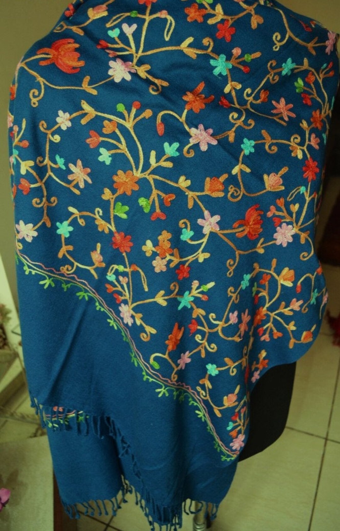 TEAL Scarf With Colorful Hand Embroidery. Kashmiri Crewel Embroidered ...