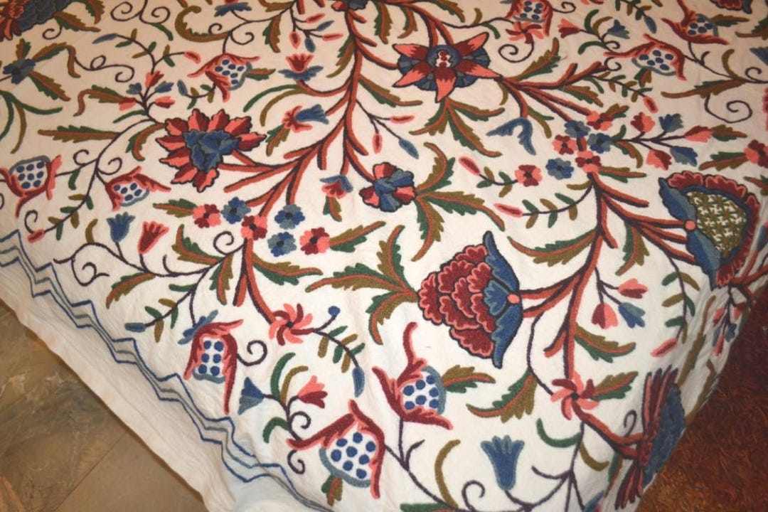 WHITE Hand Embroidered King Size Bedspread. Multicolor Floral Kashmir ...