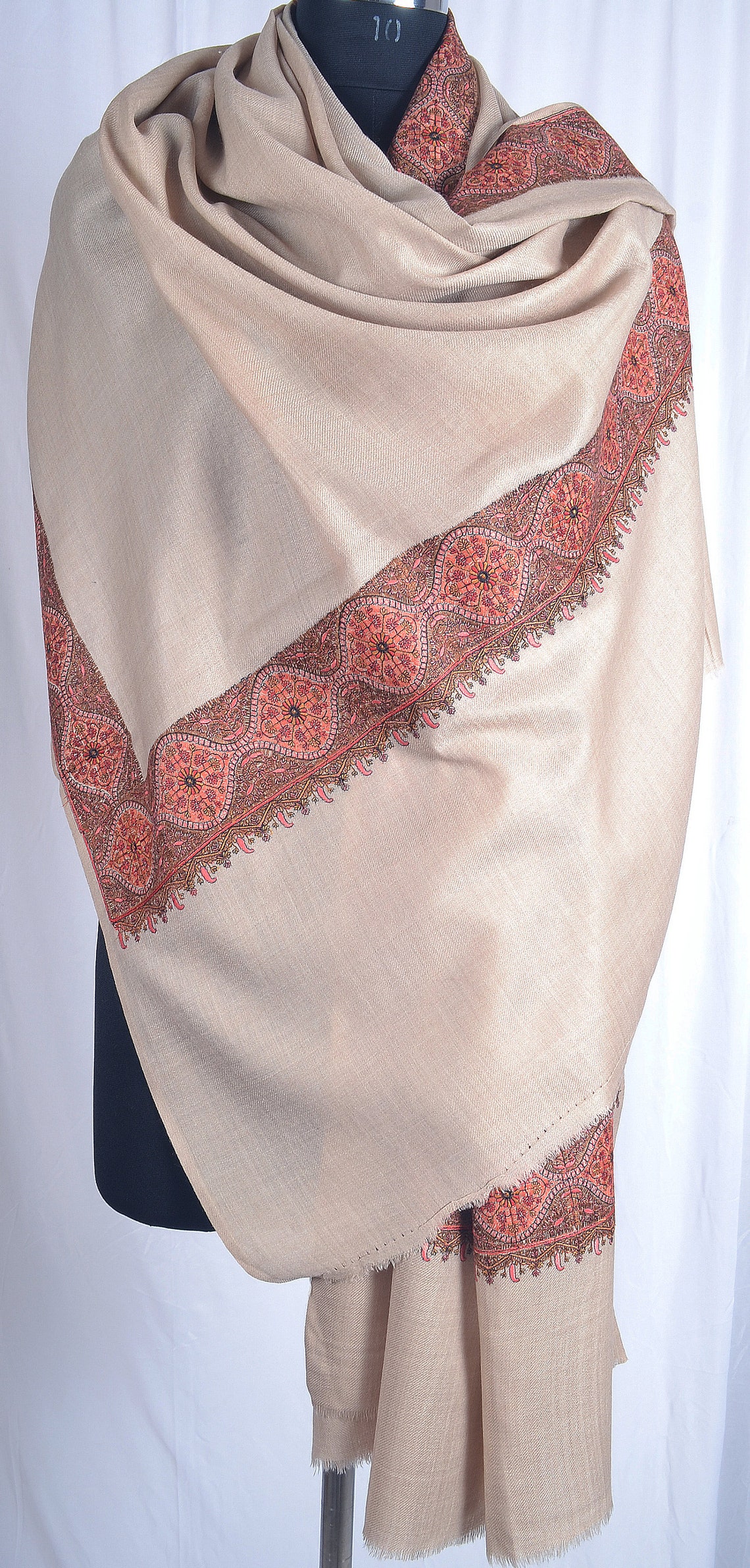 BEIGE Intricate Embroidery Daur Shawl. Indian Paisley Wrap. 100% Wool ...