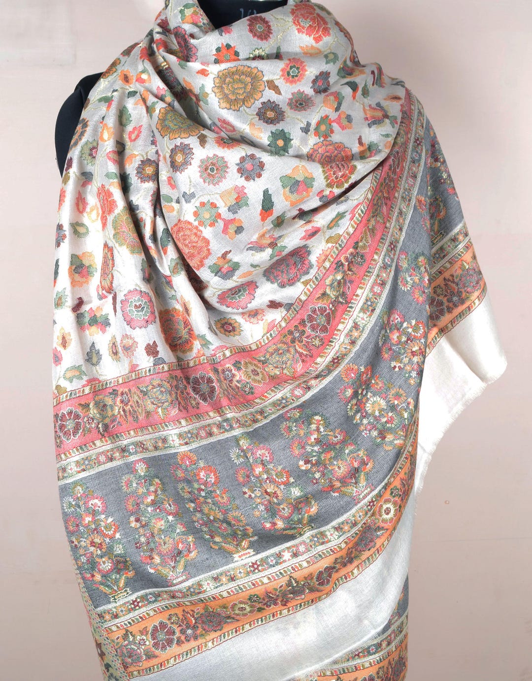 White Handmade Kani Jamavar Shawl 100x200cm. Floral Kashmir Made Silk ...