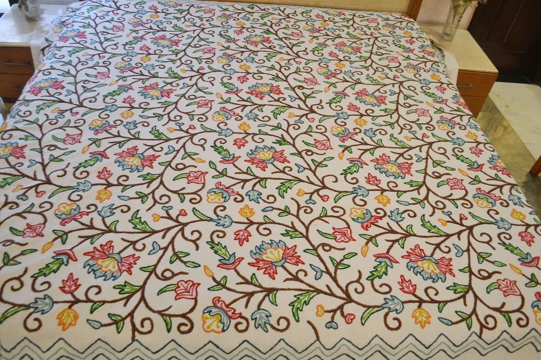Hand Embroidered Kingsize Bedspread. Multicolor Floral Kashmir ...