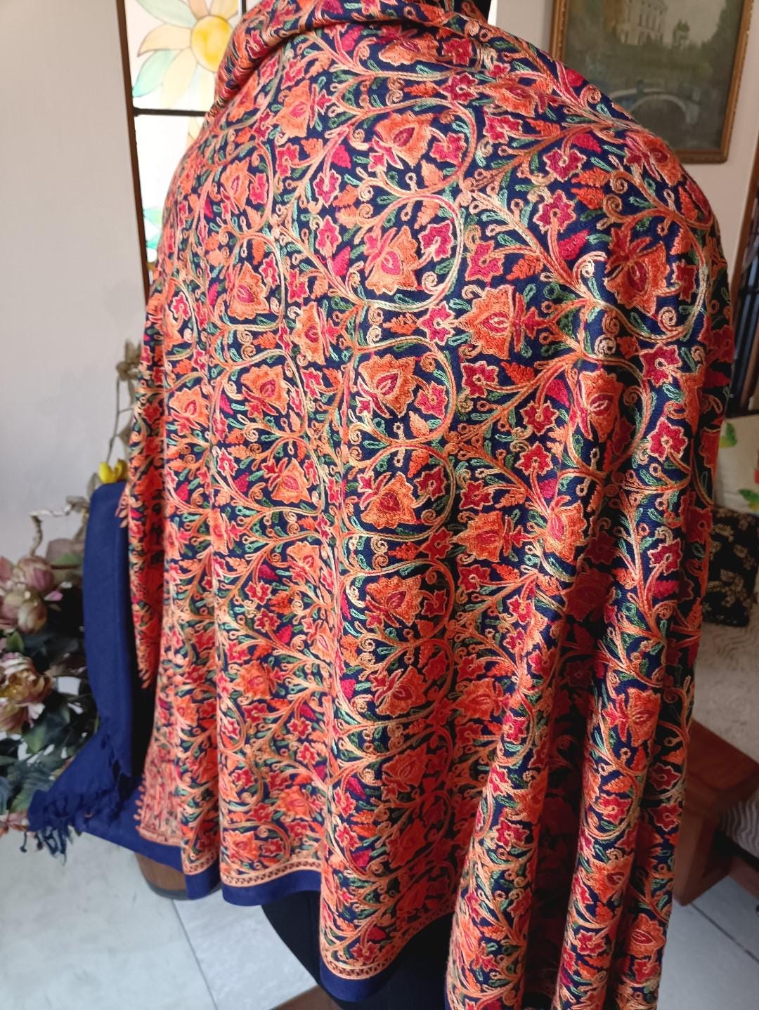 Dark Blue Hand Embroidery Shawl. Floral Wool Scarf. Kashmiri Woollen ...