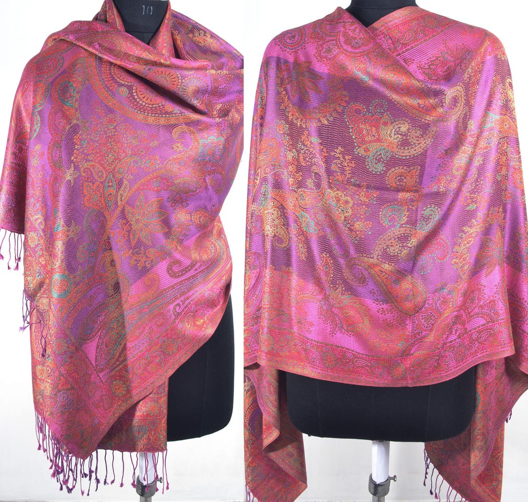 Pink & Purple Jacquard Paisley Scarf. Lightweight 100% Silk Pashmina ...