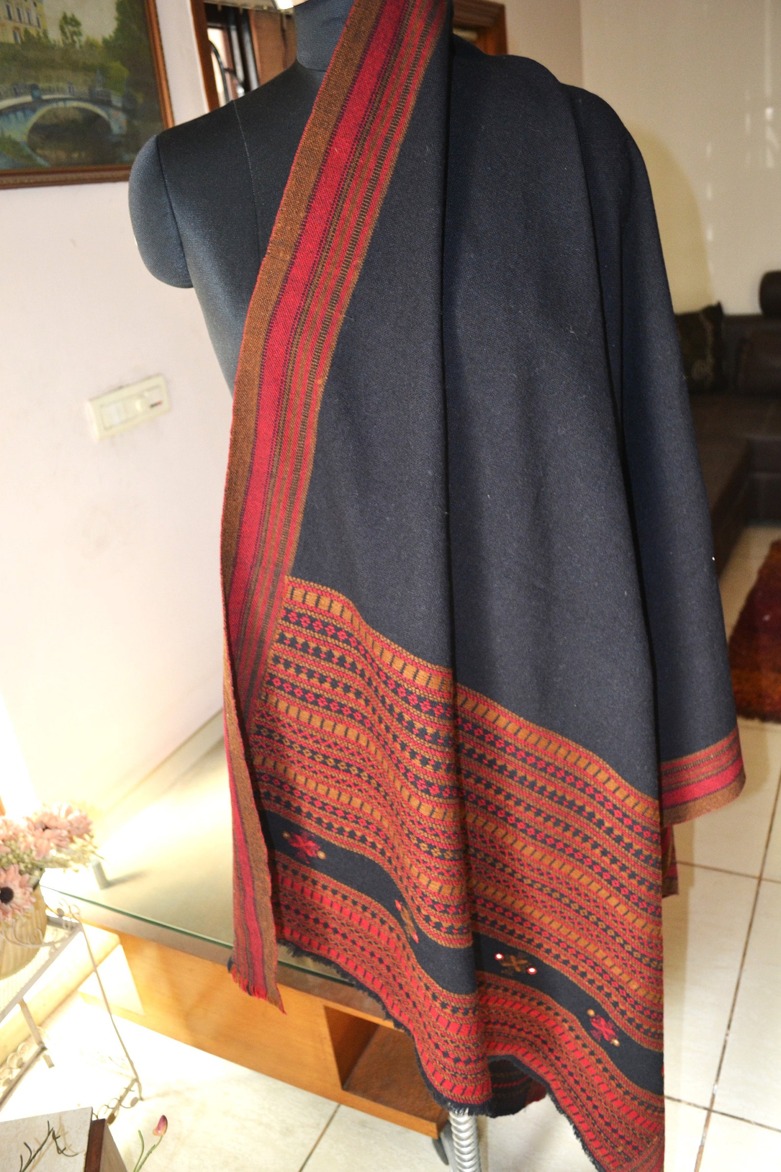 Traditional Tribal RAJASTHANI Shawl. Jacquard Design Mirrorwork Wool ...