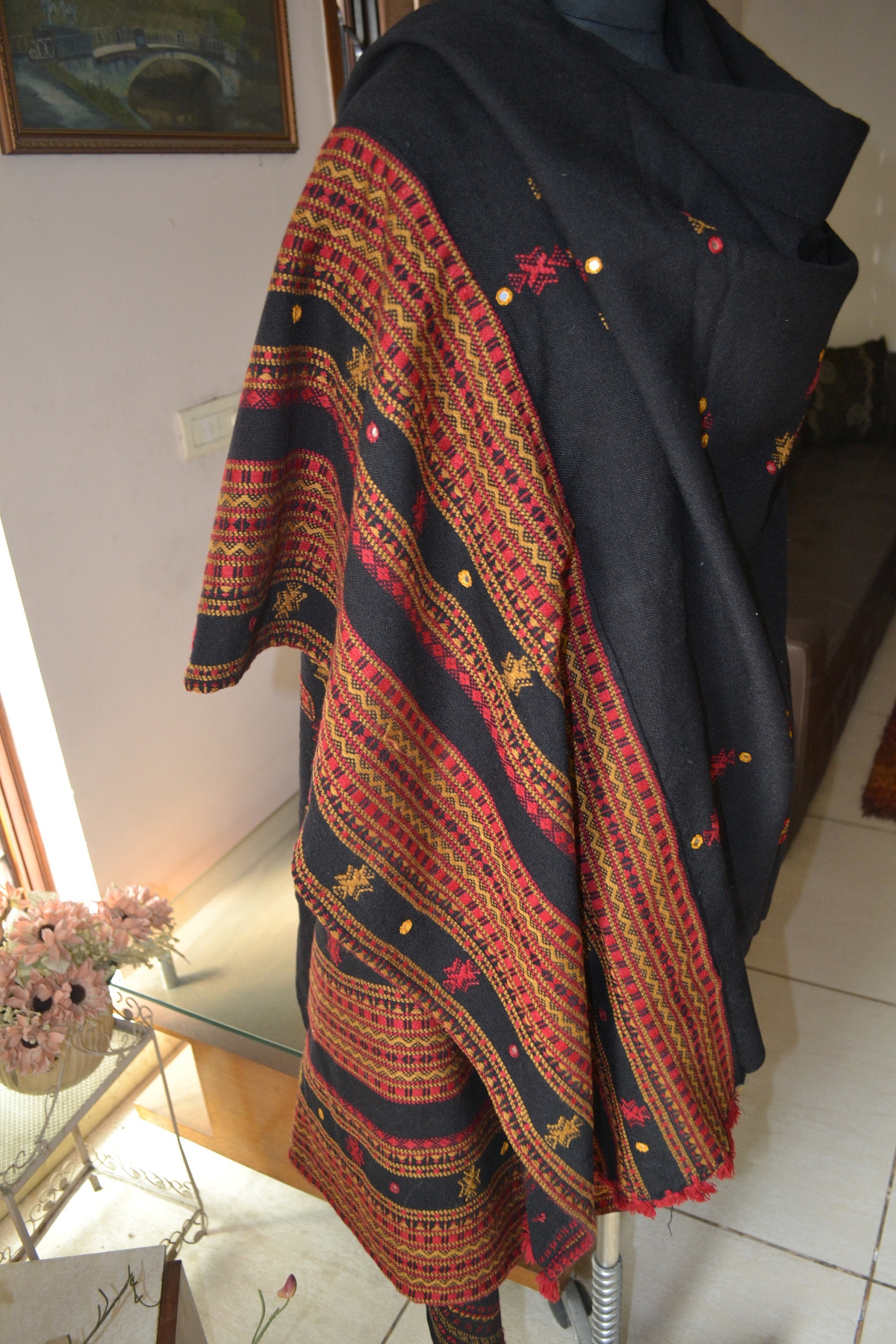 Traditional Tribal RAJASTHANI Shawl. Jacquard Design Mirrorwork Wool ...