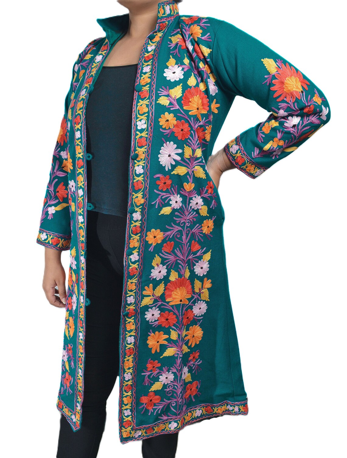 TEAL GREEN Hand Embroidered Long Coat. Trendy Boho Jacket. Floral ...