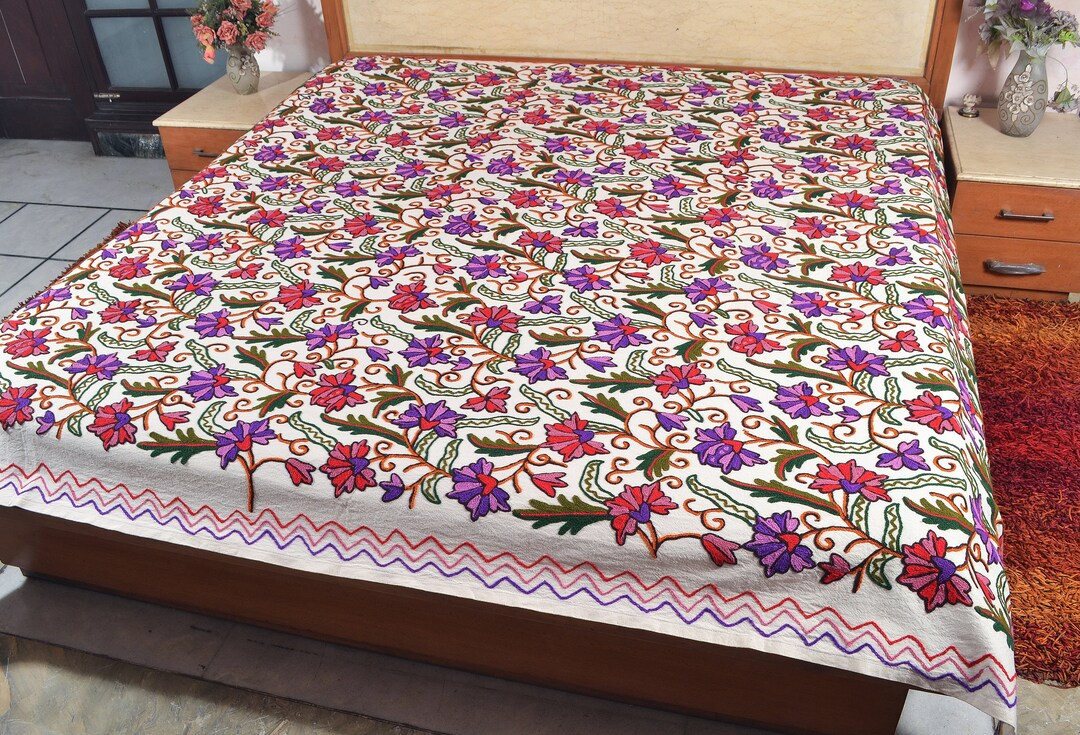 Hand Embroidered Bedspread. Floral Bed Cover. King Size Bed Spread. 100 ...