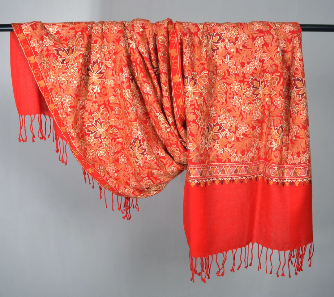 RED Hand Embroidery Floral Scarf. Soft Warm Kashmiri 100% Pashmina ...