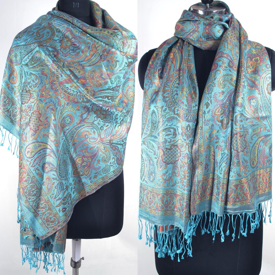 Gorgeous Blue Scarf Intricate Woven Paisley Reversible Jacquard Stole ...