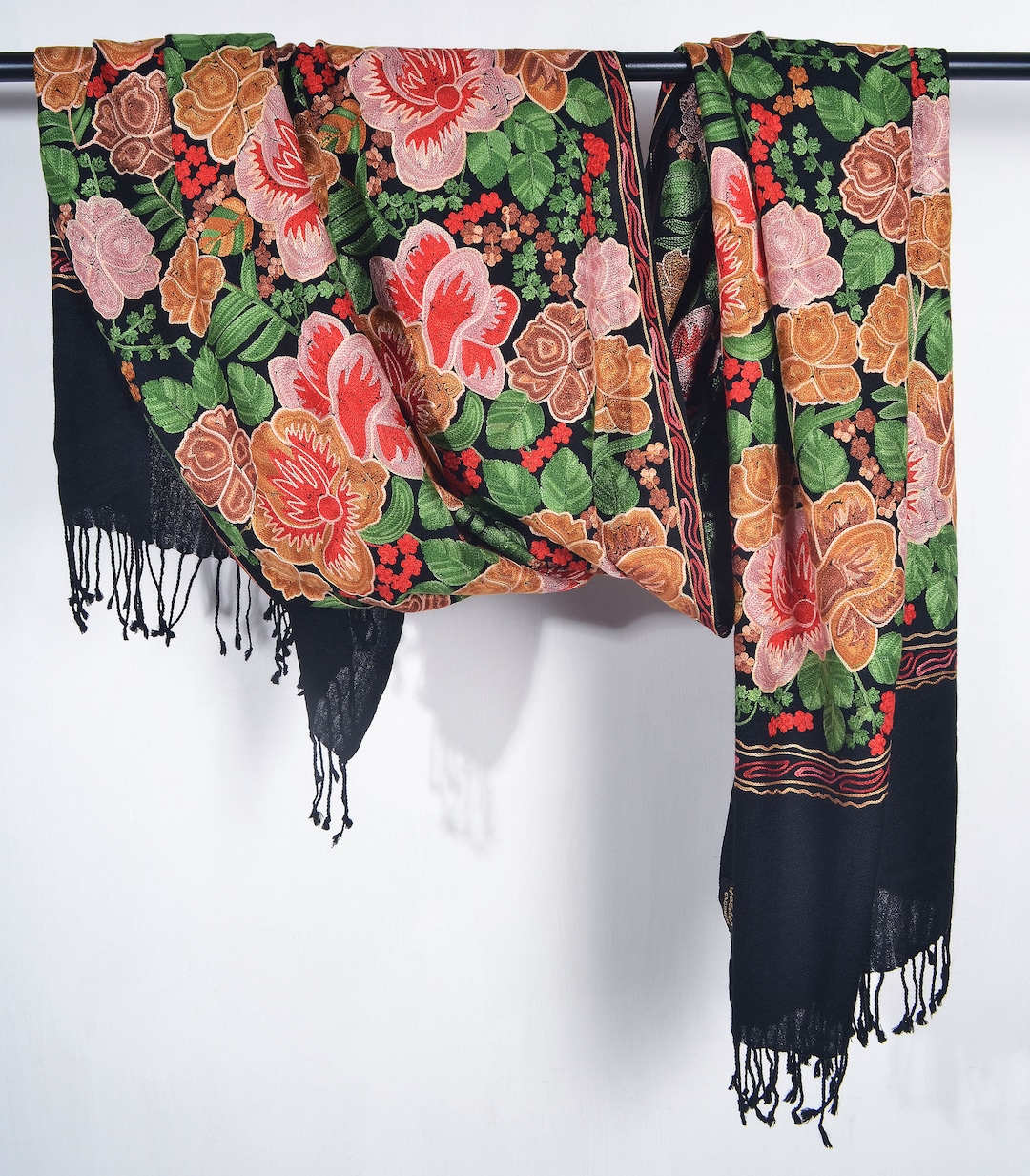 Unique Black Hand Embroidered Scarf. Elegant Floral 100% Pure Wool ...