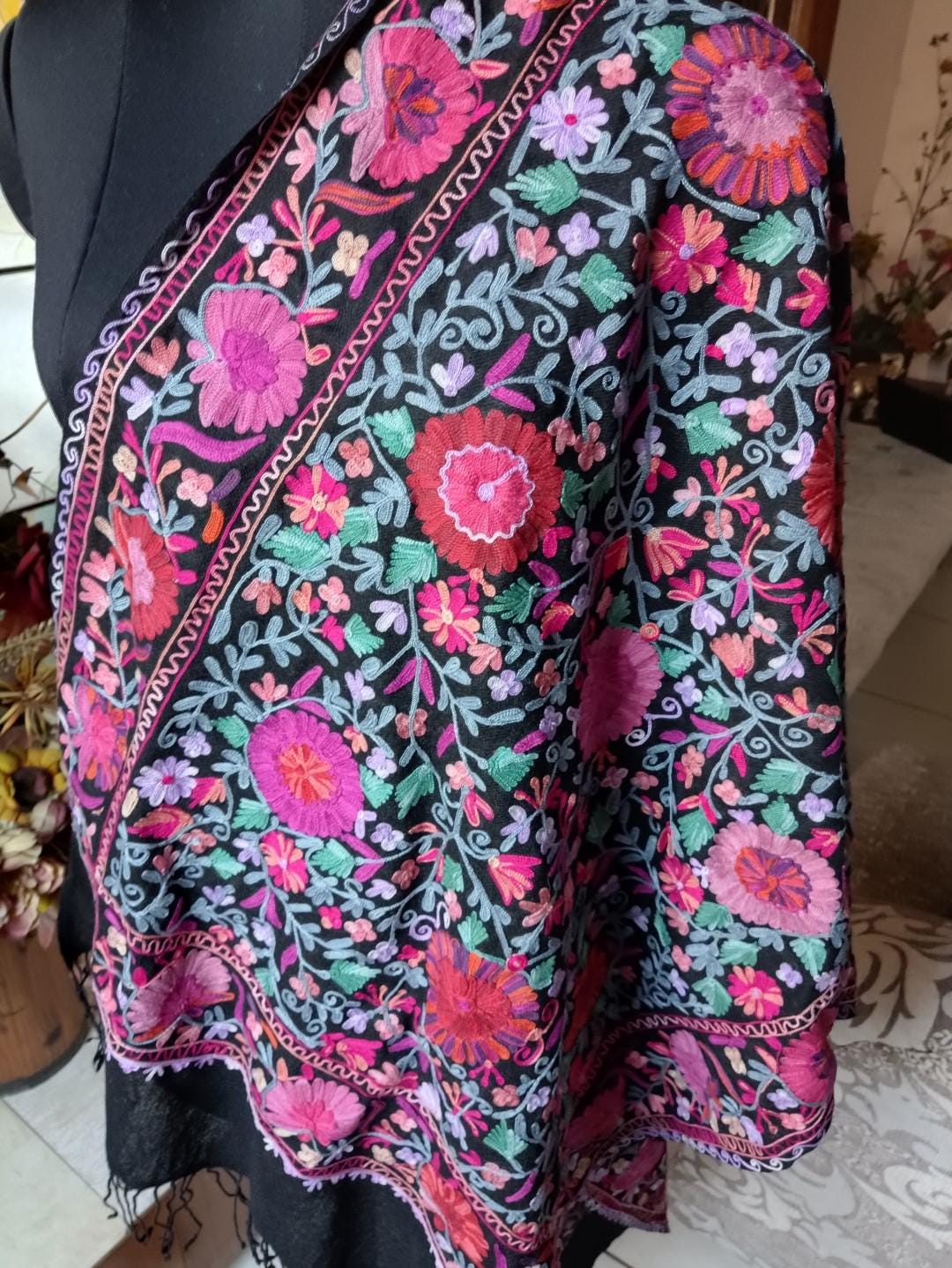 Black Shawl. Master Craftsman Creation Multicolor Vibrant Floral Hand ...