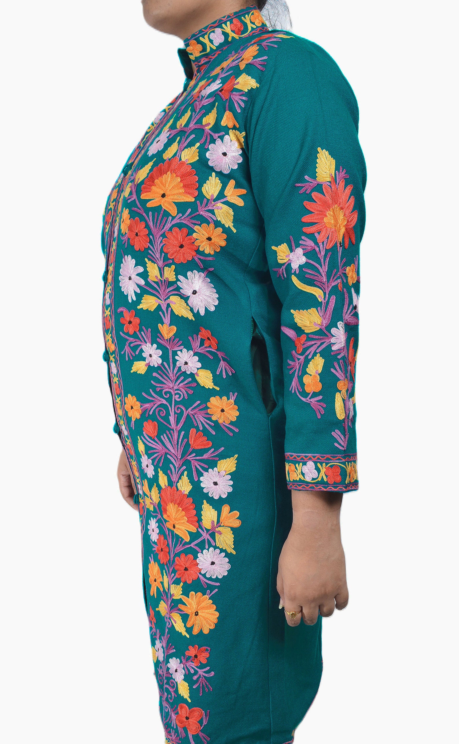 TEAL GREEN Hand Embroidered Long Coat. Trendy Boho Jacket. Floral ...
