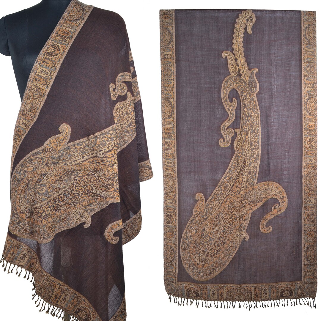 Espresso Brown Large Paisley Shawl. Soft Warm 100% Merino Wool Scarf ...