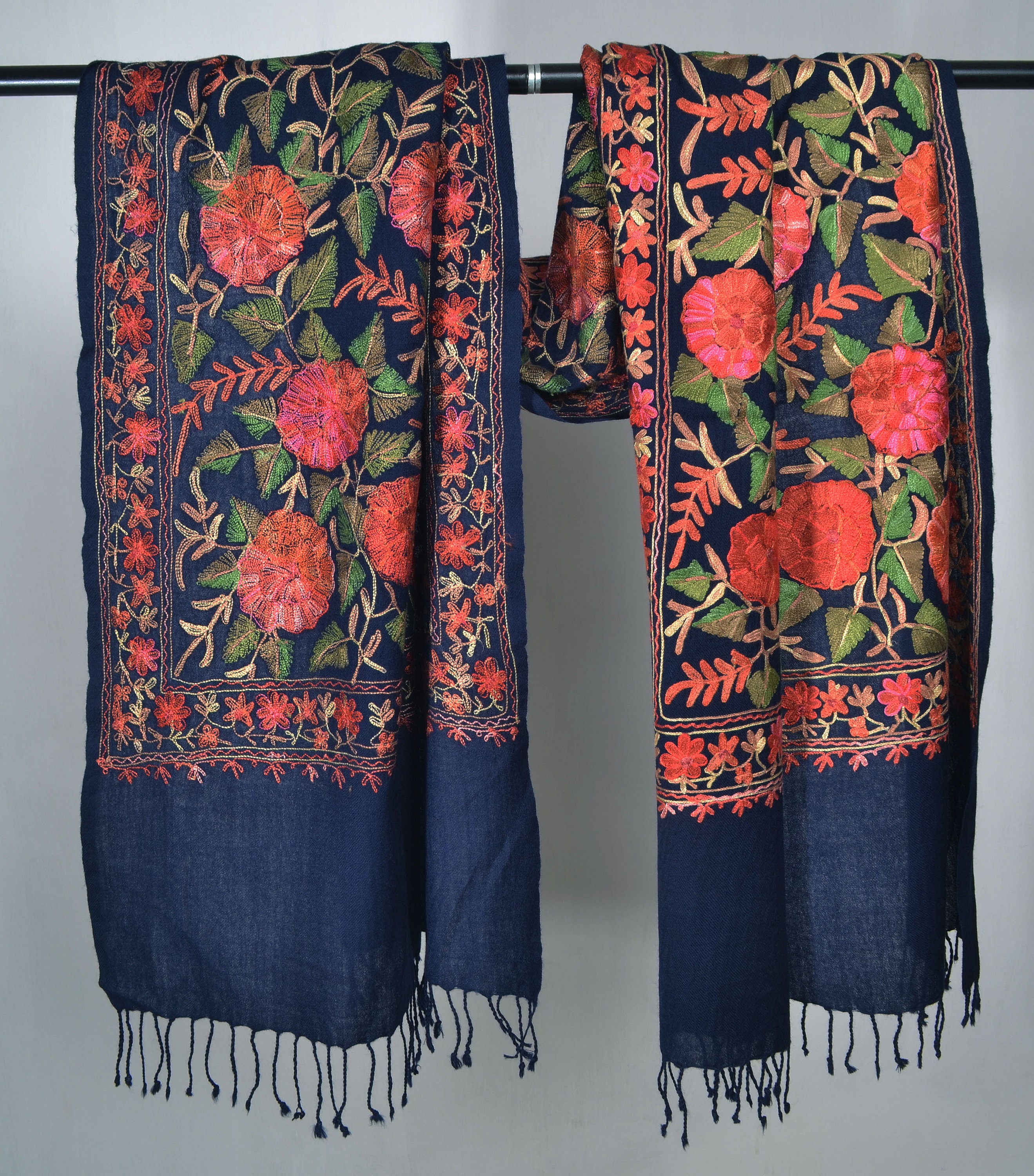 DARK BLUE Scarf. Floral Hand Embroidery. 100% Wool Wrap. Kashmiri ...