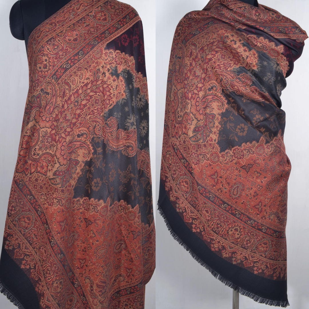 Large Black & Beige Reversible Jacquard Design Shawl. Pashmina Jamavar ...