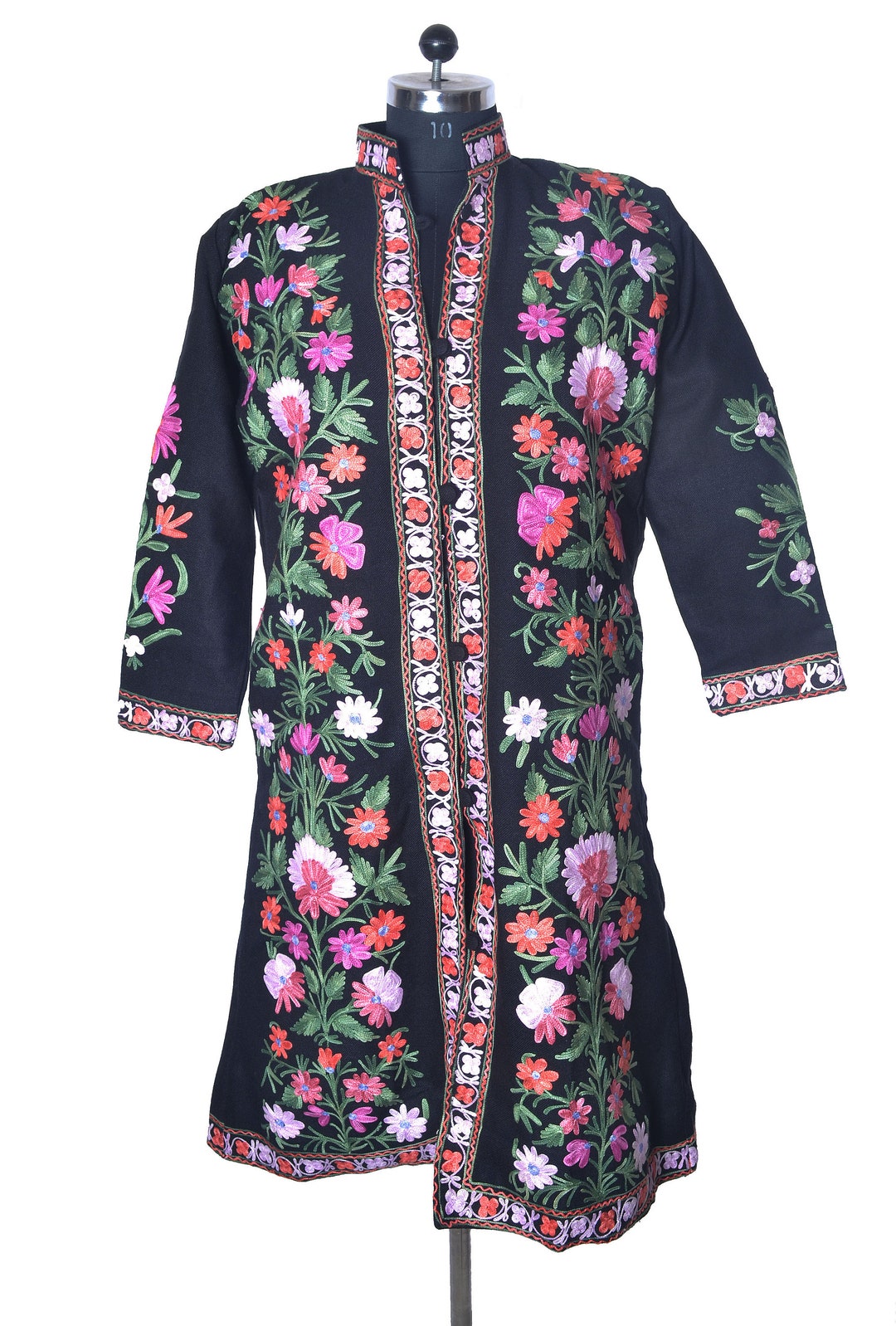 Black Kashmiri Hand Embroidered Sherwani, 100% Wool Long Coat, Women ...