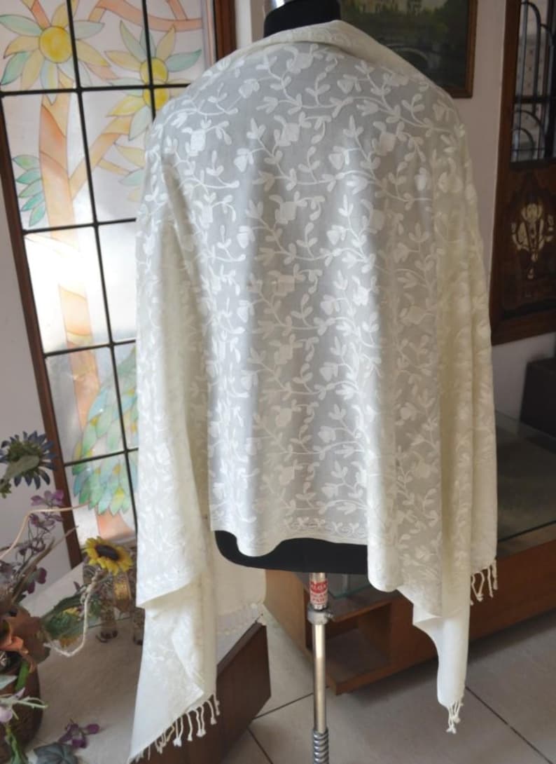 Off-white Shawl With White Embroidery. Floral Wedding Scarves for Her ...