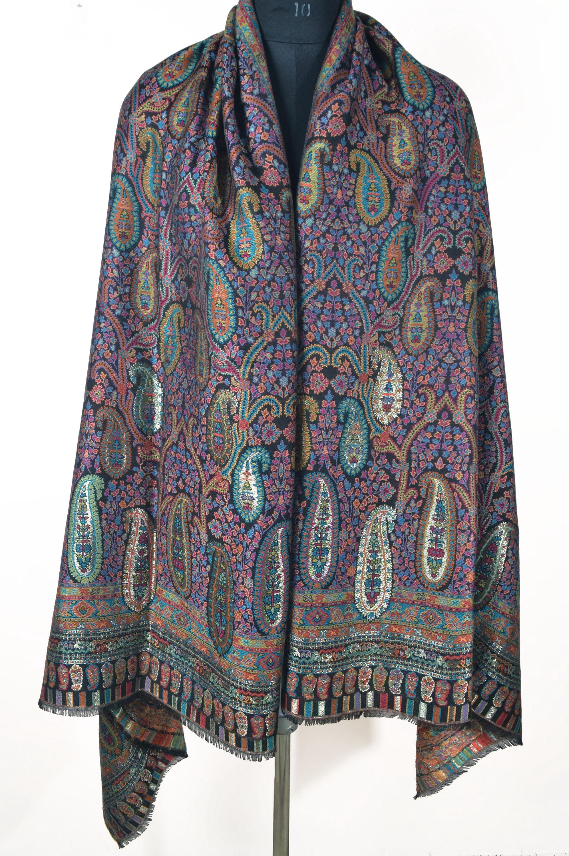 Black Kani Jamavar Shawl. Paisley Wrap With Shiny Zari Work. Silk ...