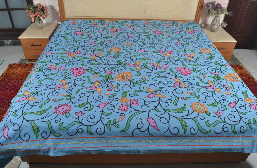 BLUE Kashmiri Hand Embroidered Bedspread. King Size 100% Cotton Boho ...
