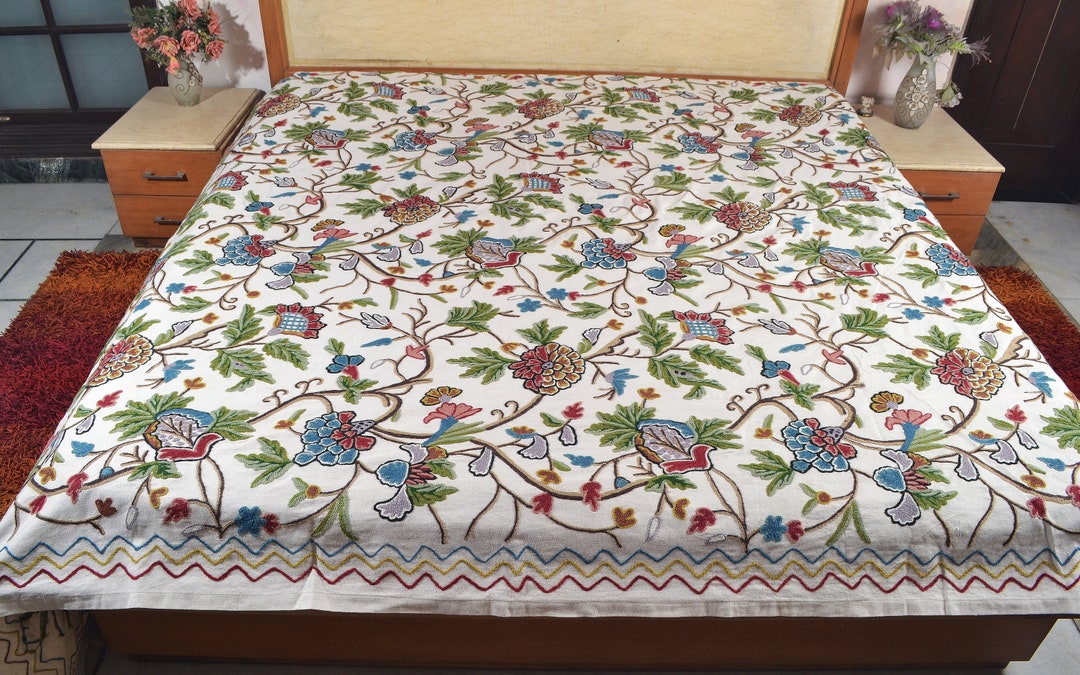 WHITE Hand Embroidered King Size Bedspread. Multicolor Floral Kashmir ...