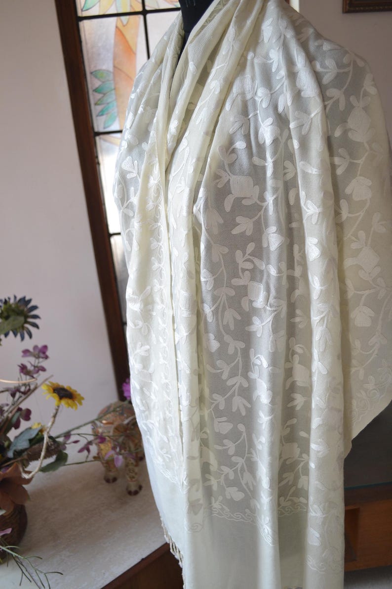 Off-white Shawl With White Embroidery. Floral Wedding Scarves for Her ...