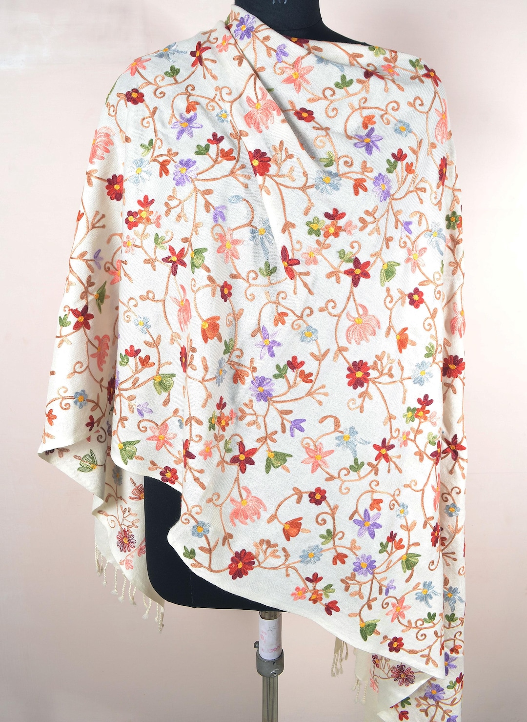 Off-white Floral Embroidered Pashmina Shawl. 2-ply 100% Cashmere Scarf ...