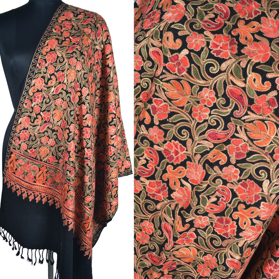Black Hand Embroidery Shawl. Floral Wool Scarf. Kashmiri Woollen Wrap ...
