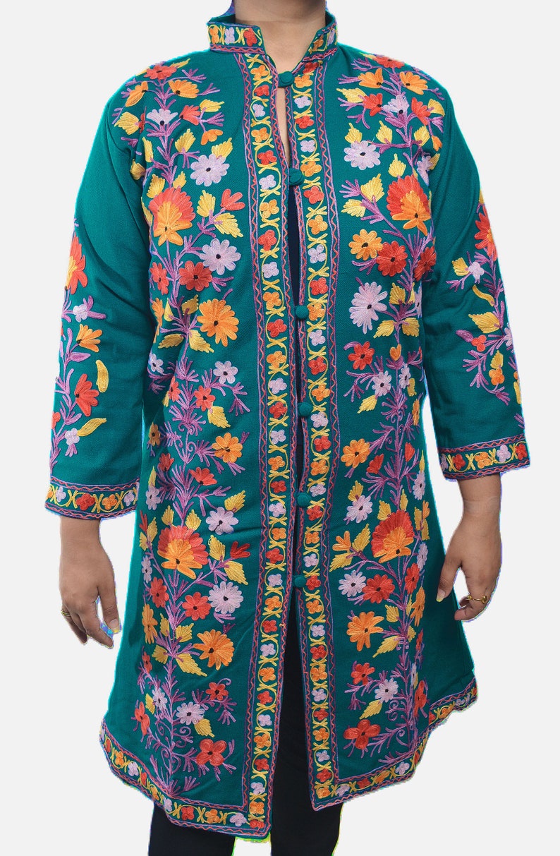 TEAL GREEN Hand Embroidered Long Coat. Trendy Boho Jacket. Floral ...