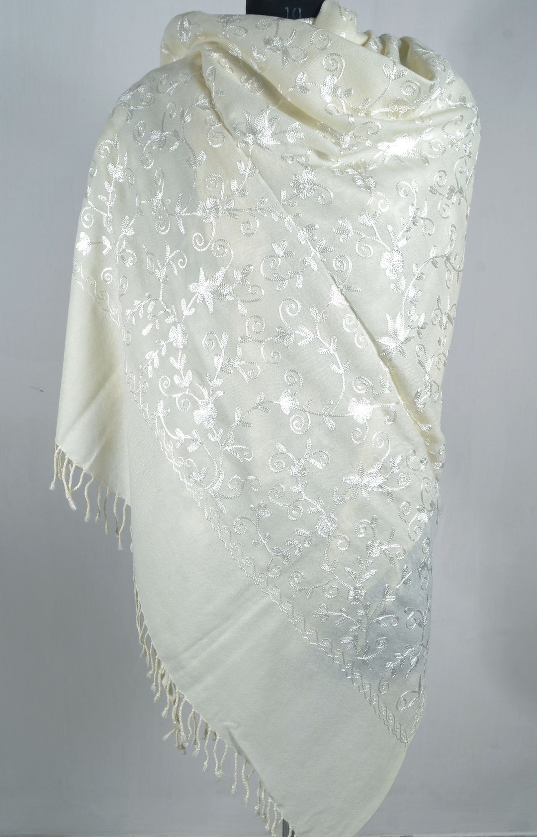 Large Off-white Wedding Shawl With White Embroidery. Floral Scarves for ...