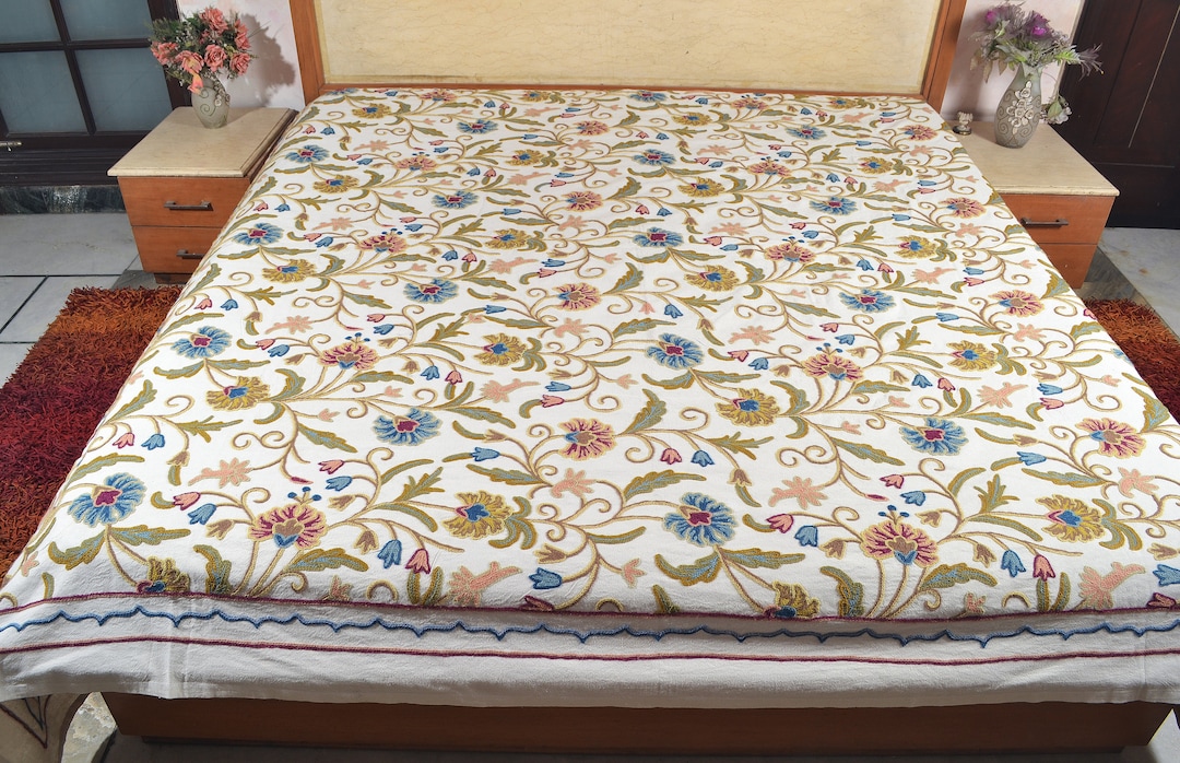 WHITE Kashmir Handicraft Bedspread 100% Cotton Crewel Embroidered ...