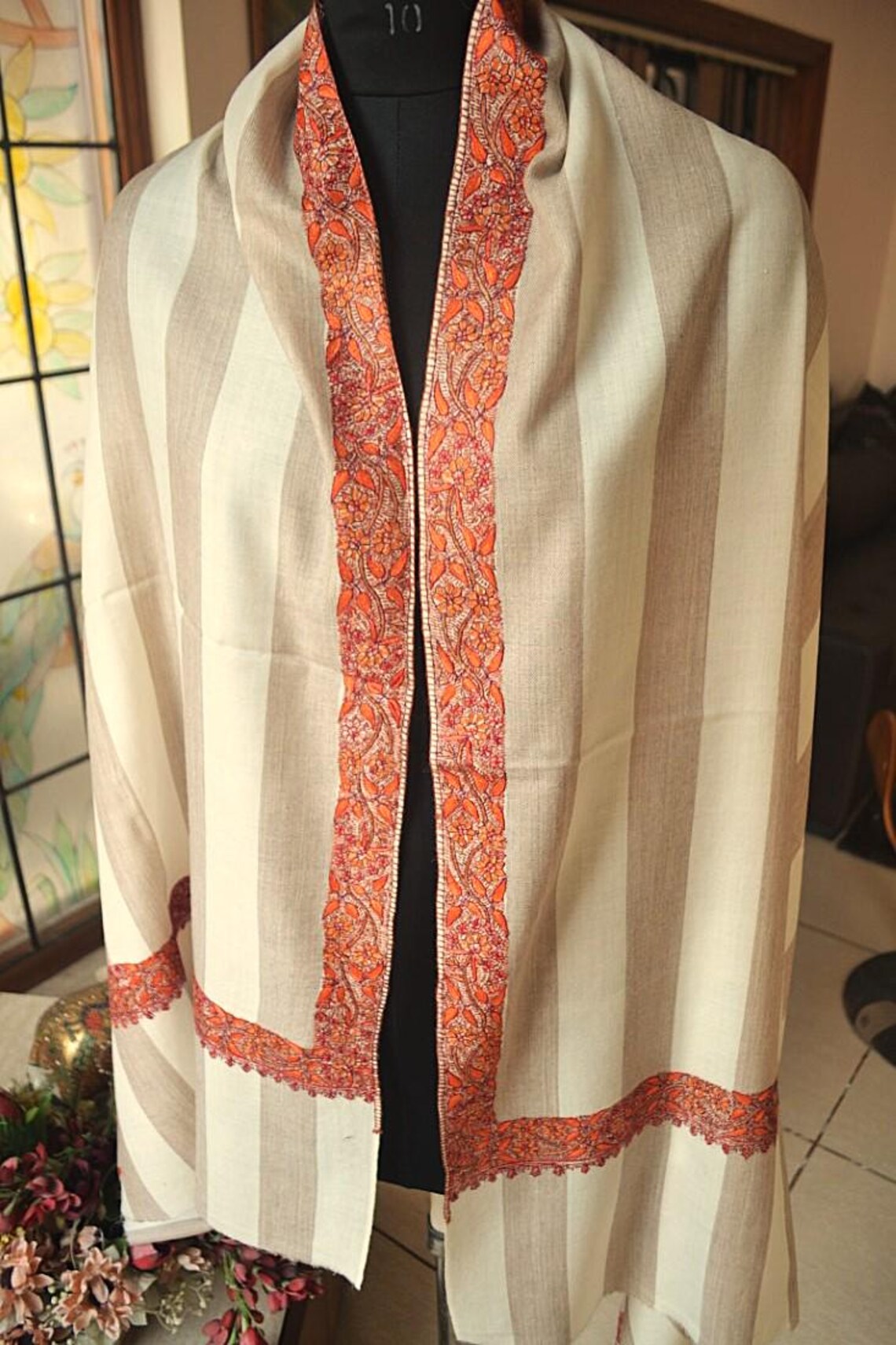 Off White -tan Shawl. Pure Pashmina Wrap. Paisley Border Embroidery ...